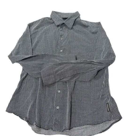 EMPORIO ARMANI Stretch Navy Blue White Long Sleeve Herringbone Collared ...